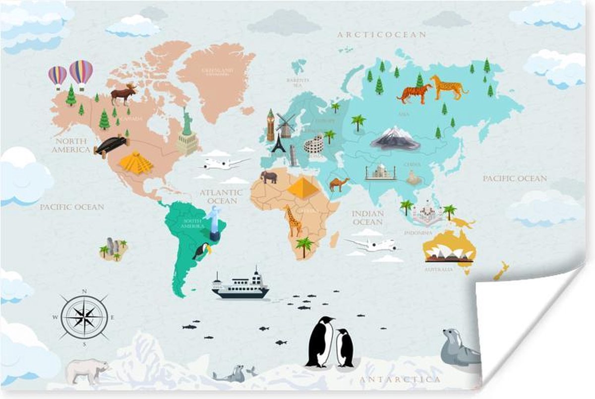 Wereldkaart met typische beelden Poster | Wereldkaart Poster 60x40 cm ...
