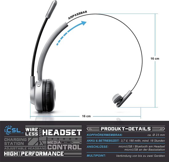 kantoorheadset - CSL Bluetooth headset met laadstation - Mono PC ...