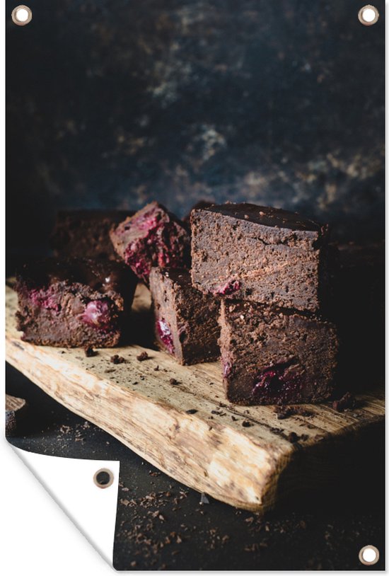 Tuinposter - Tuindoek - Tuinposters buiten - Chocolade brownies met kersen op donkere... | bol