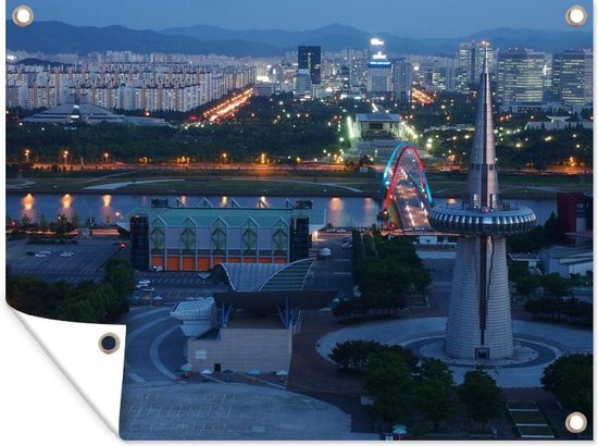 Muurdecoratie buiten De Hanbit toren van Daejeon in Zuid-Korea ...