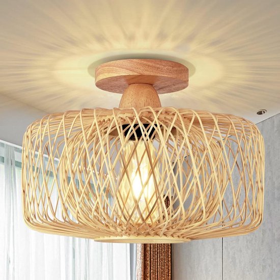 Vintage bamboe houten plafondlamp - boho rotan lamp - Ø 30 cm - keuken ...