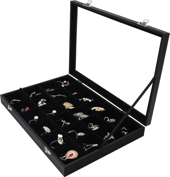 Velours Sieraden Organiser Display Doos Tray met 24 Secties en Glazen ...
