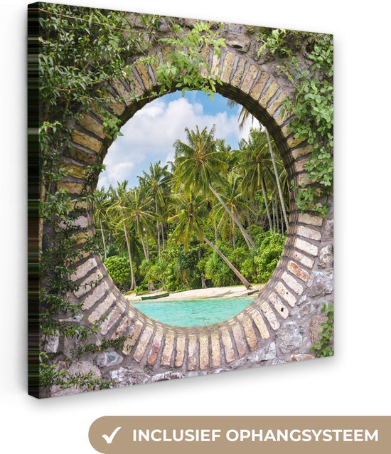 Canvas schilderij 20x20 cm - Wanddecoratie Doorkijk - Palm - Tropisch - Strand - zee -... | bol