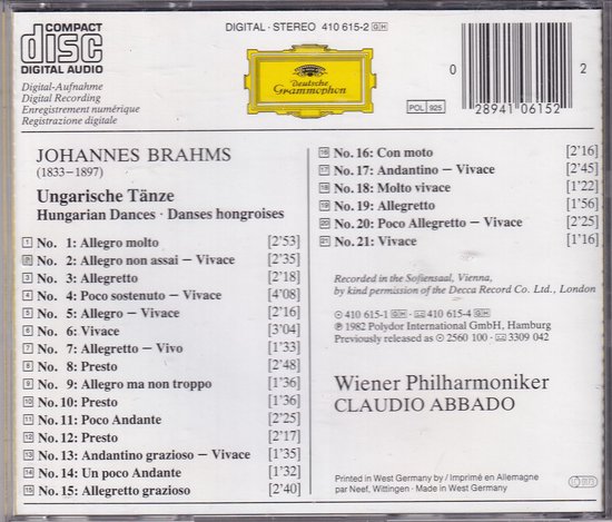 Wiener Philharmoniker, Claudio Abbado - Brahms: 21 Hungarian Dances (CD), Vienna... | bol