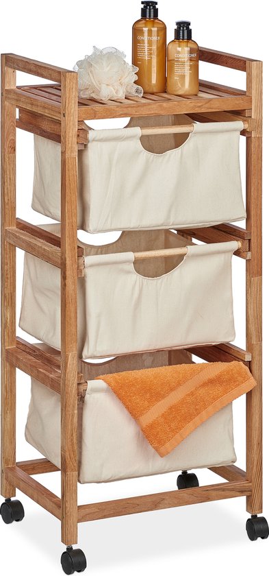 Relaxdays badkamerrek met wasmand - staand - houten rekje op wieltjes ...