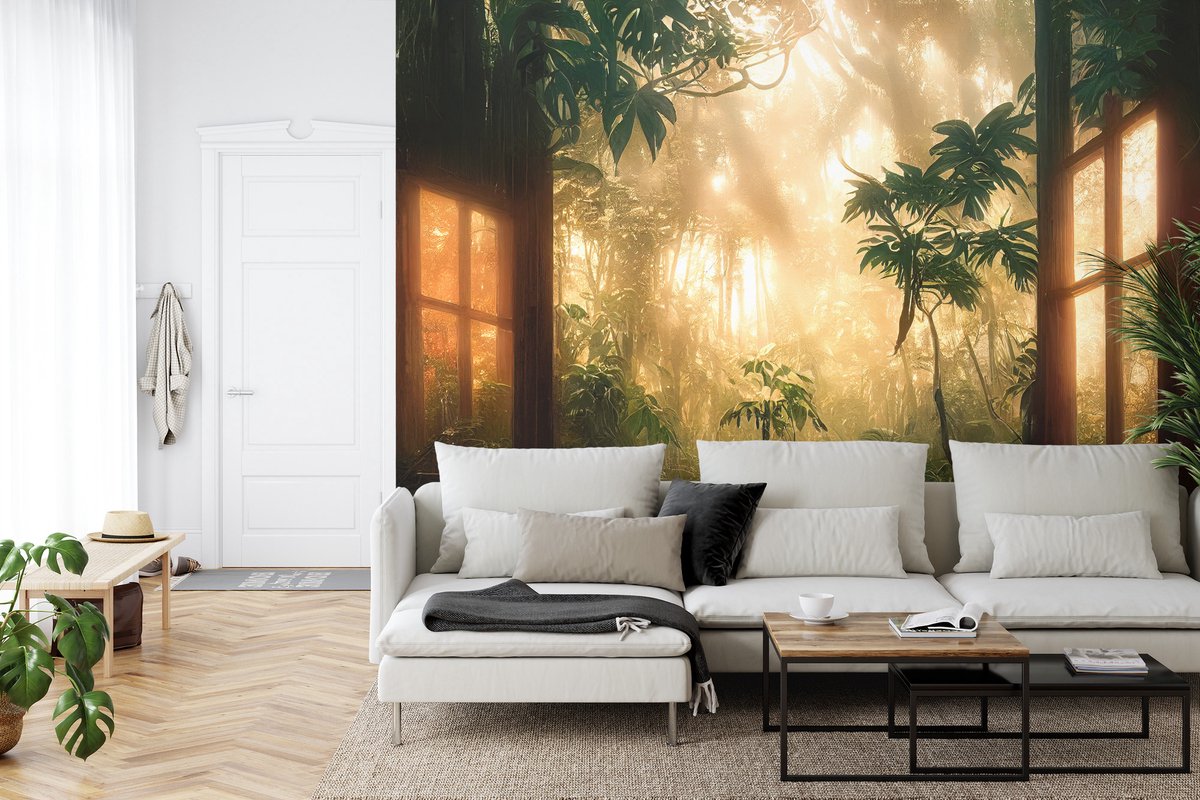 Fotobehang A Large Arch-Shaped Window, A Portal In The Dark Mystical Forest, The Sun's... | bol.com