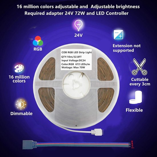 Led Strip 10 meter DC24V COB RGB kleurveranderende ledstrip - dimbaar ...