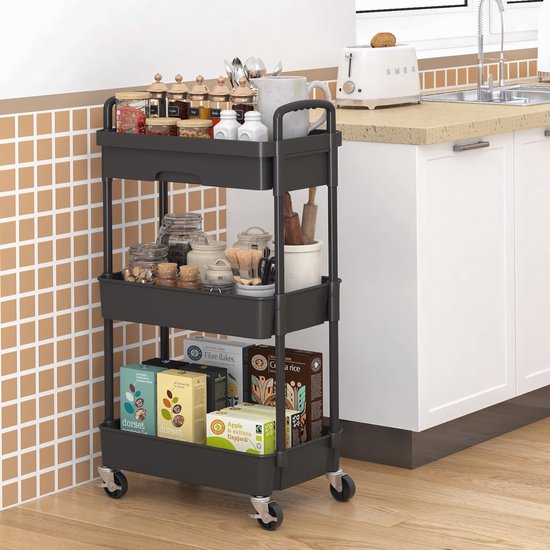 Handige 3-traps handwagen, mobiele trolley met laden, opbergwagen met ...