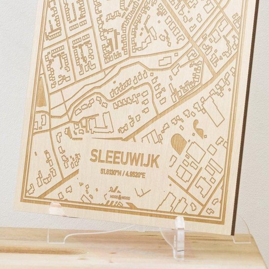 Kaart Sleeuwijk - Gegraveerde stadskaart Hood&Wood - Hout, A4 | bol.com