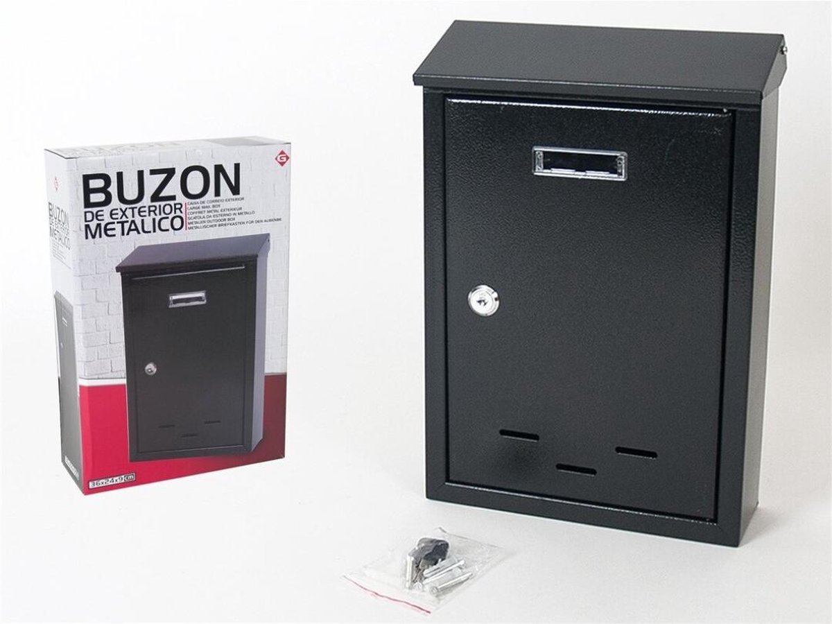 Zwarte metalen brievenbus met slot en bovenklep - 24 x 9 x 35 cm ...