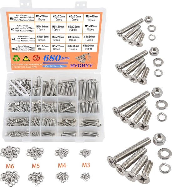 680 delige schroeven set M3, M4, M5, M6 met moeren en sluitringen van roestvrij staal | bol
