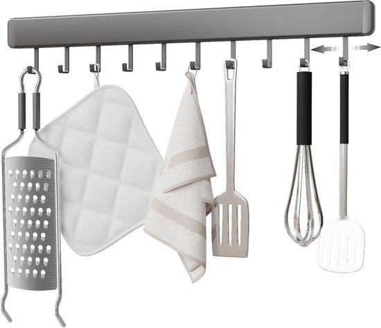 Utensil Holder Self Adhesive Rack with 10 Movable Hooks - Wall Mounted ...