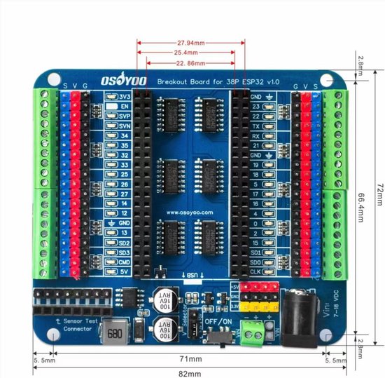 ESP32 Terminal Block Breakout Board met Pin Header en Stroomoutputs | bol