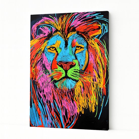 Neon leeuw - Kunstobject - Canvas schilderij - 75x100 cm | bol