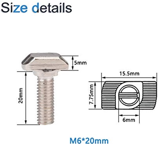 20PCS M6 T Bolt, M6x20mm Carbon Steel Nickel Plated T-Slot Drop-in Stud ...