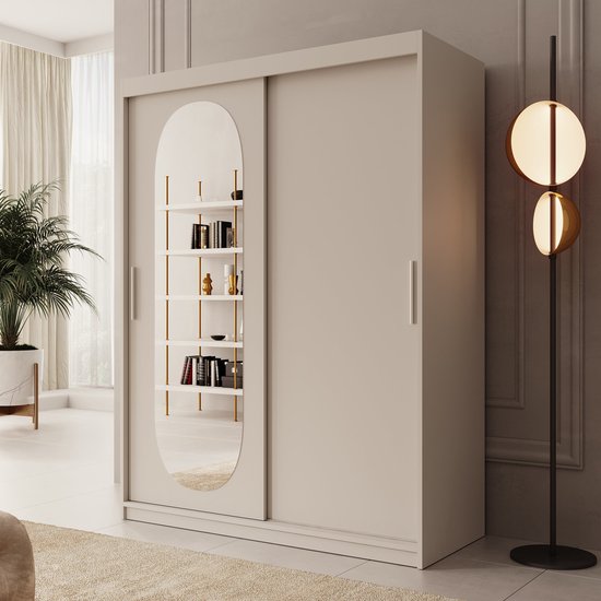 MEUBELLA Bodhi kledingkast - Beige kast met spiegel - 150x62x200 cm | bol