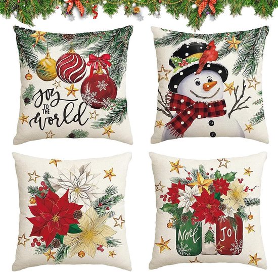 Kerstkussensloop Set van 4 - Decoratieve Linnen Kussens met Kerstmotief ...