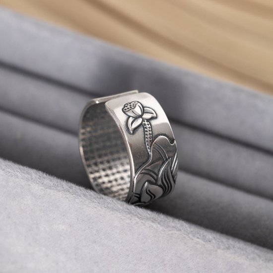Zentana - Zilveren Open Lotus Ring - 999 Sterling Zilver - Antique Plated -... | bol