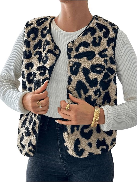 Mouwloos Teddy Vest Dames met Knoopsluiting - Fleece Gilet Leo Print ...