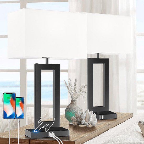 Set van 2 Moderne Tafellampen met Touch-Bediening en USB-Poort - 3 ...