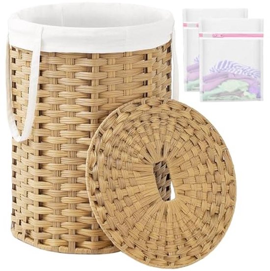 Ronde Rieten Wasmand met Deksel 72 Liter - Handgeweven Rotanmand met ...