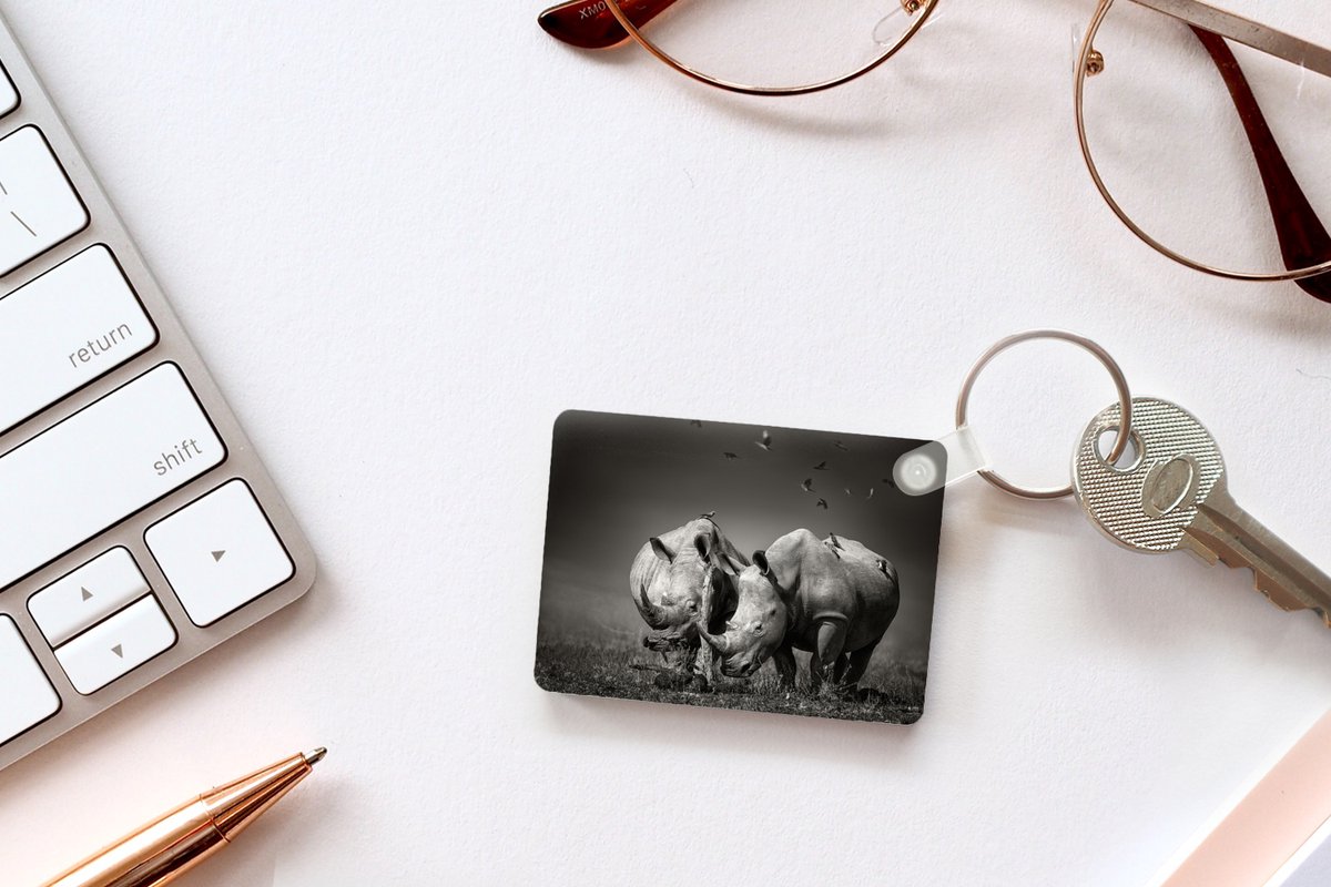 Sleutelhanger - Neushoorn - Vogel - Dieren - Landschap - Zwart wit ...