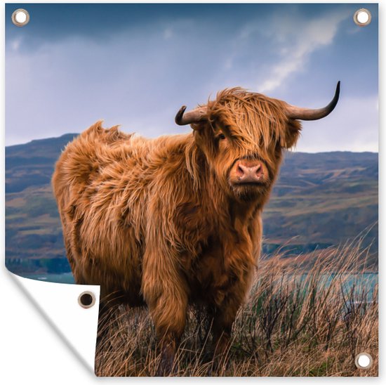 Tuindoek Schotse Hooglander - Berg - Water - Natuur - Koe - 100x100 cm | bol.com