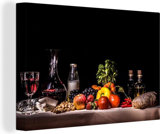Stilleven schilderij - Eten en drinken - Tafel - Kleed - Wijn - Canvas stilleven -... | bol.com