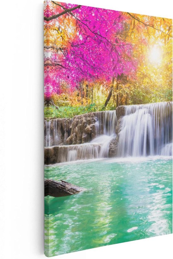 Artaza Canvas Schilderij Waterval Met Groen Water En Roze Bladeren - 80x120 - Groot -... | bol