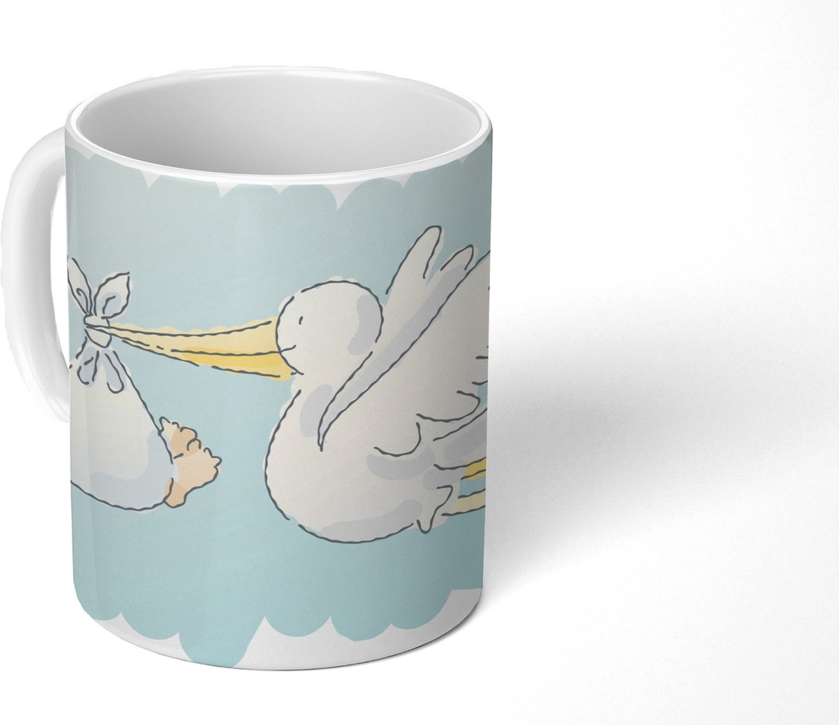 Mok - Kindertekening van een ooievaar en een baby in een doek blauwe ...