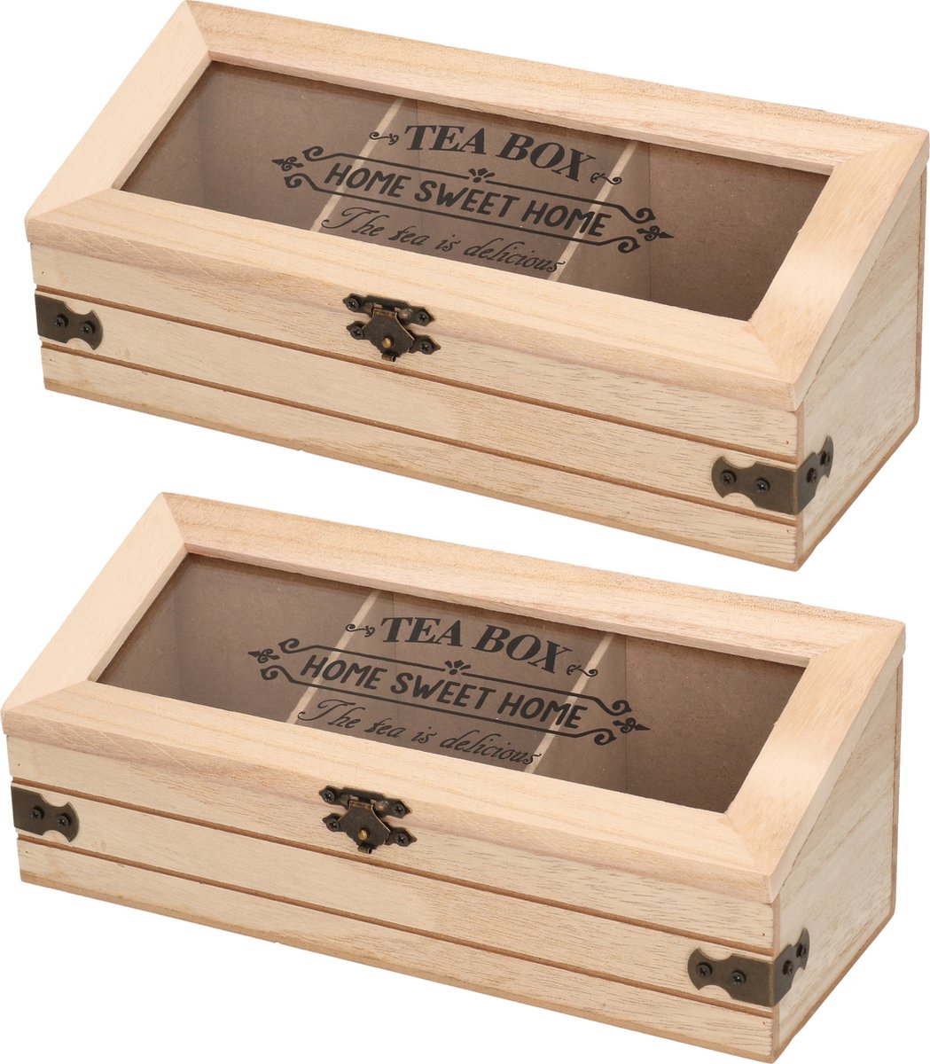 2x stuks houten theedoos/theekist met 3 vakken - 24 x 9 x 9 cm - bruin ...