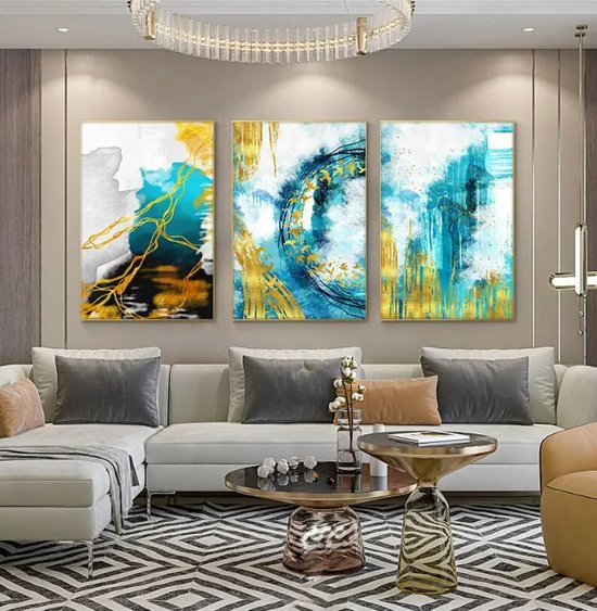 Allernieuwste.nl® Canvas Schilderij 3-luik Abstract Modern Goud-Blauw - Abstracte... | bol
