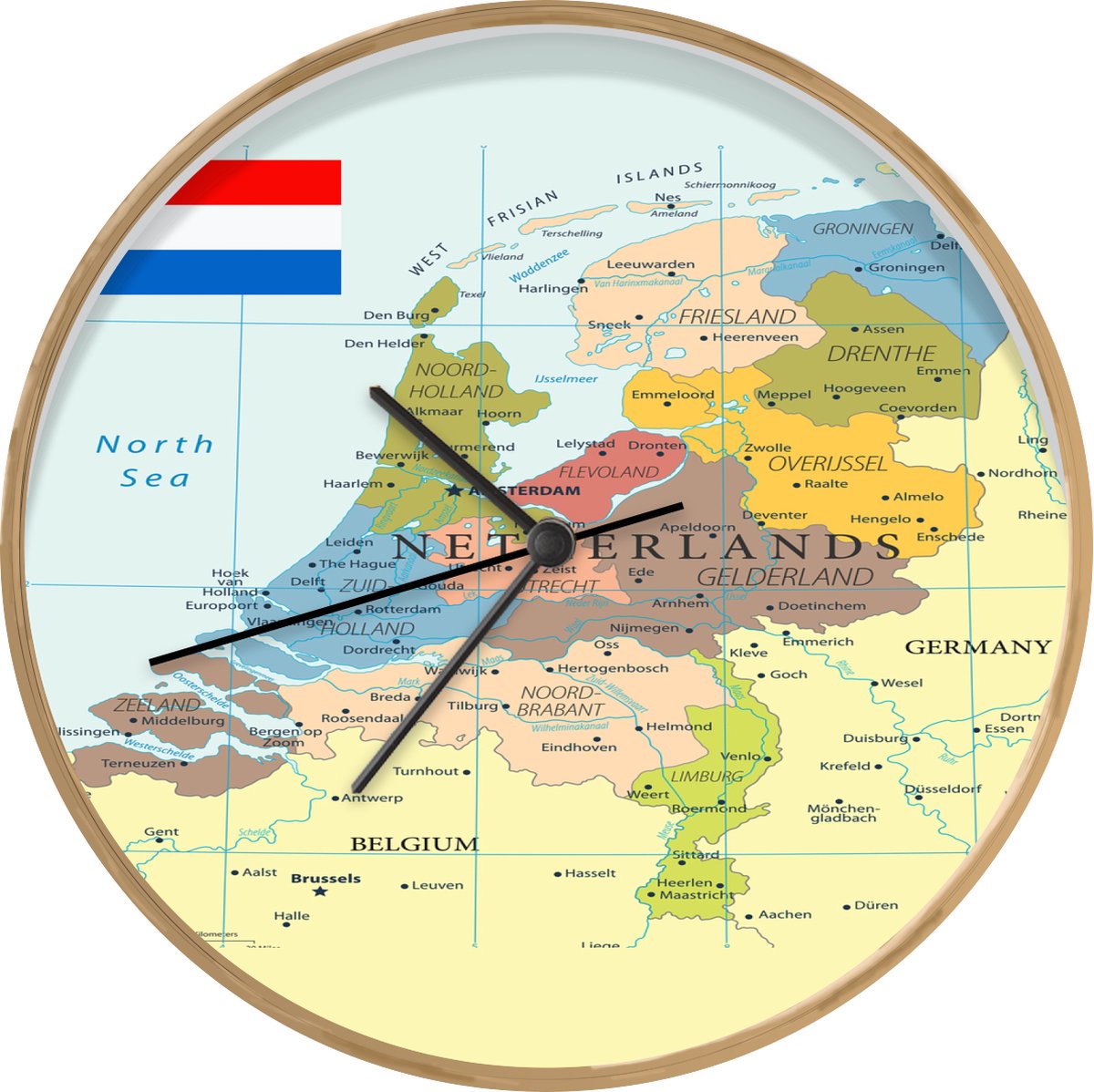 Klok - Ø 30 cm - Nederland - Kaart - Vlag - Houtkleurig - Wandklok ...