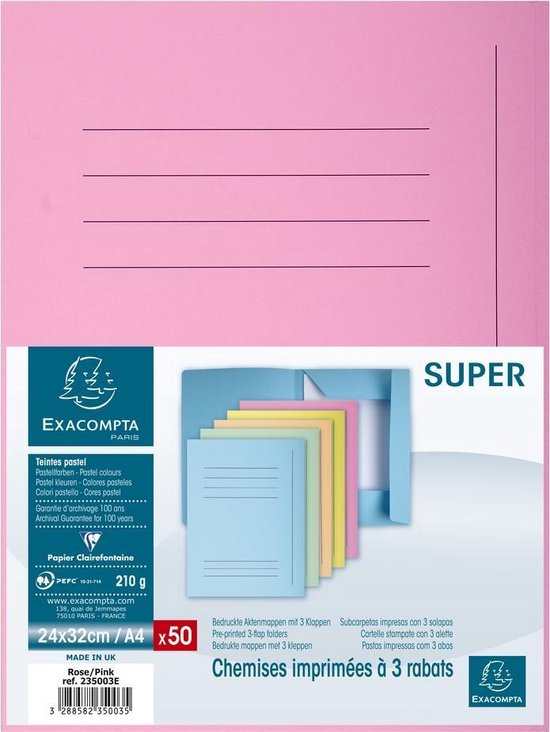 SUPER 210 Pak van 50 dossiermappen met 3 kleppen. 24x32cm, Roze | bol.com