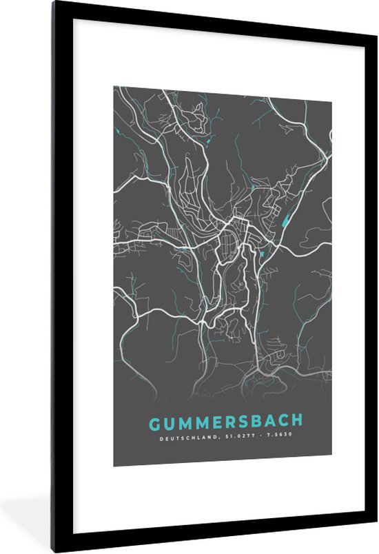 Fotolijst incl. Poster - Gummersbach – Stadskaart – Blauw – Plattegrond ...