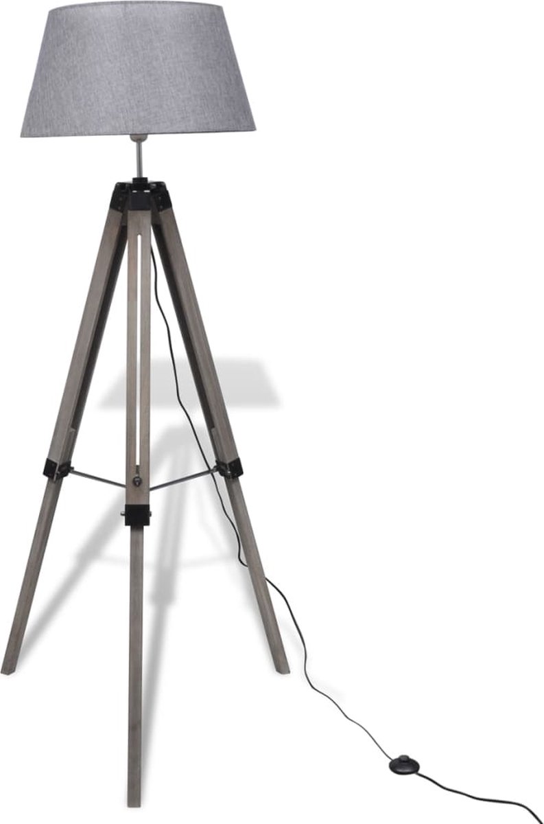 vidaXL Vloerlamp met verstelbare voet hout en stoffen lampenkap grijs ...