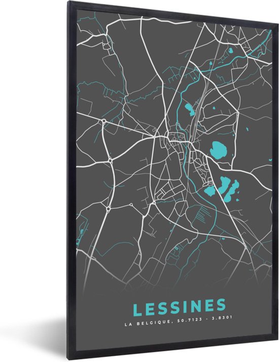 Fotolijst incl. Poster - België – Lessines – Stadskaart – Kaart – Blauw ...