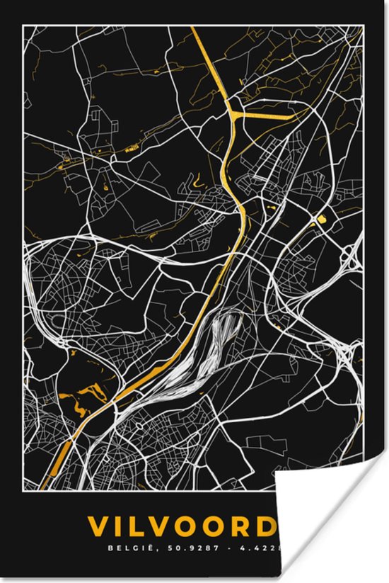 Poster Stadskaart - Vilvoorde - Plattegrond - Kaart - Goud - 60x90 cm ...