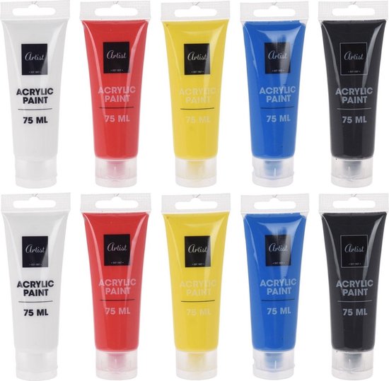 Acryl verf setje 10 tubes 5 kleuren 75 ml - Hobbymateriaal ...