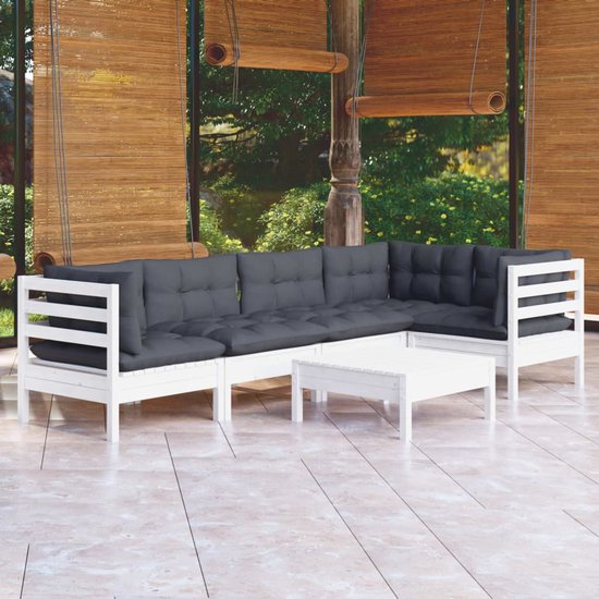vidaXL Loungeset - 6-delig - Grenenhout - Wit Loungeset - Tuinset ...