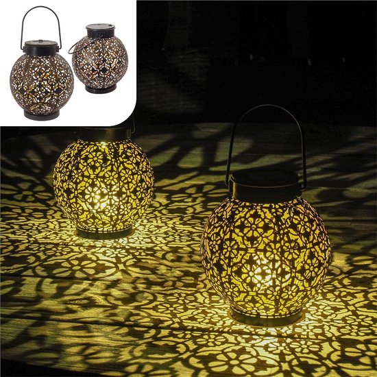Solar Tafellamp Buiten - LED Tuinlantaarn - Set van 2 - Zwart en Goud ...