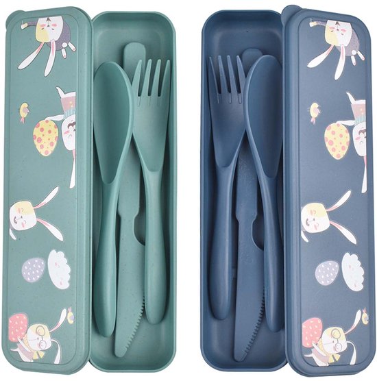 Reisbestekset met etui - schattig konijnenpatroon, plastic bestekset ...