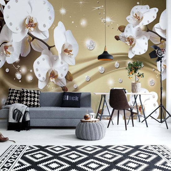 Fotobehang Flowers Orchids Pattern | PANORAMIC - 250cm x 104cm | 130g/m2 Vlies | bol