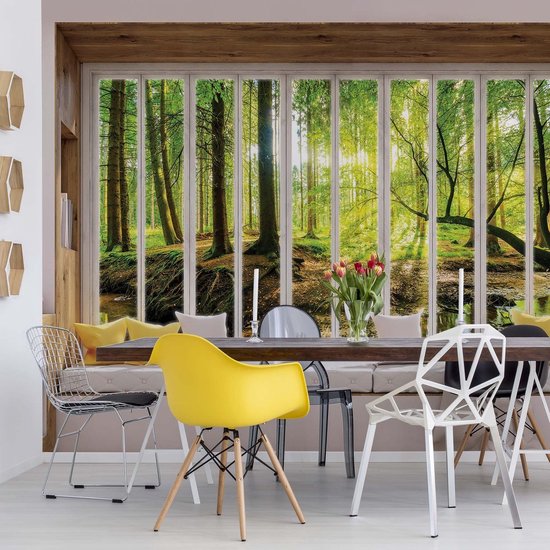Fotobehang - Vlies Behang - 3D - Uitzicht op het Zonnige Bos vanuit het ...