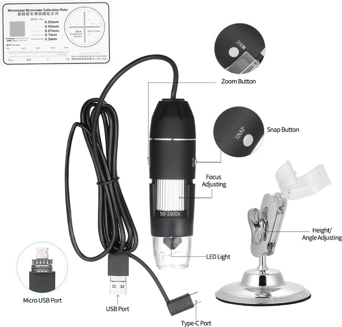 Bolture Digitale USB Microscoop - Microscoop Camera - 50-1600 X Vegroting met 8x LED... | bol.com
