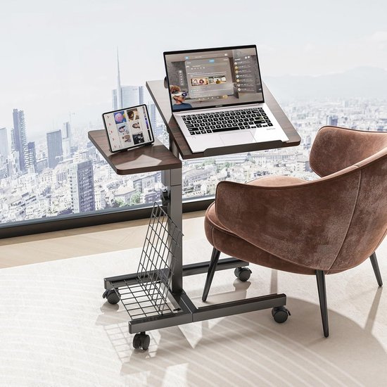 Verstelbare Laptop Tafel met Wielen - Draaibaar Bureau voor Bed en Bank ...