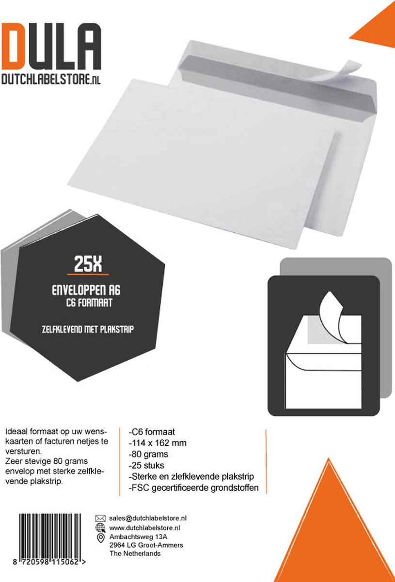 DULA - C6 Enveloppen A6 formaat wit - 114 x 162 mm - 25 stuks ...