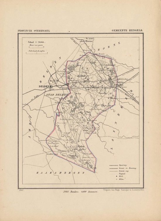 Historische kaart, plattegrond van gemeente Hengelo in Gelderland uit ...