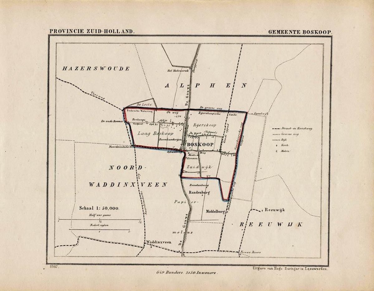 Historische kaart, plattegrond van gemeente Boskoop in Zuid Holland uit ...
