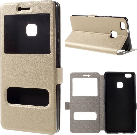 Dubbele View Flip Case met Magneetsluiting voor Huawei P9 Lite _ Goud | bol